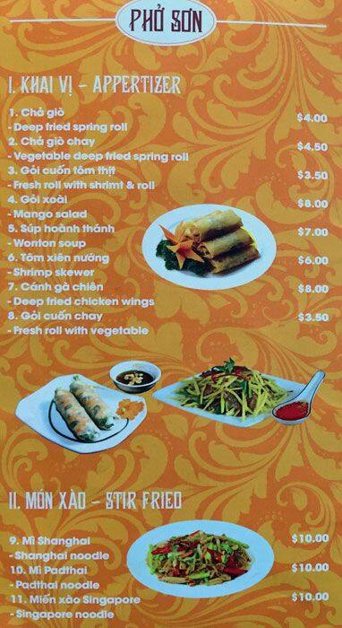 Menu at PHO YEN restaurant, Toronto, St Clair Ave W