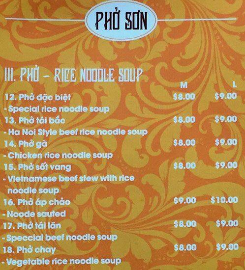 Menu at PHO YEN restaurant, Toronto, St Clair Ave W
