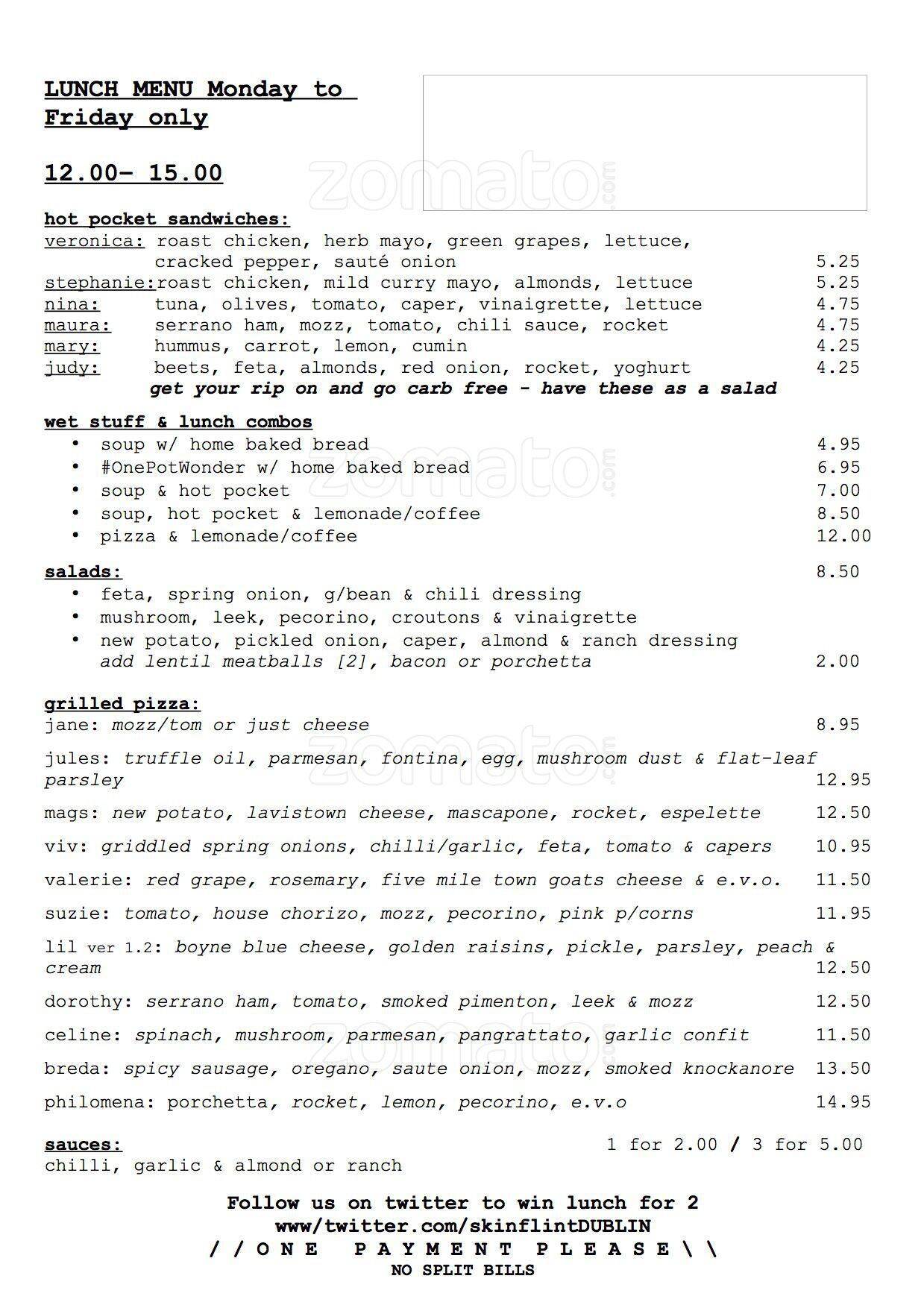 Menu at Skinflint on Dame Street pizzeria, Dublin