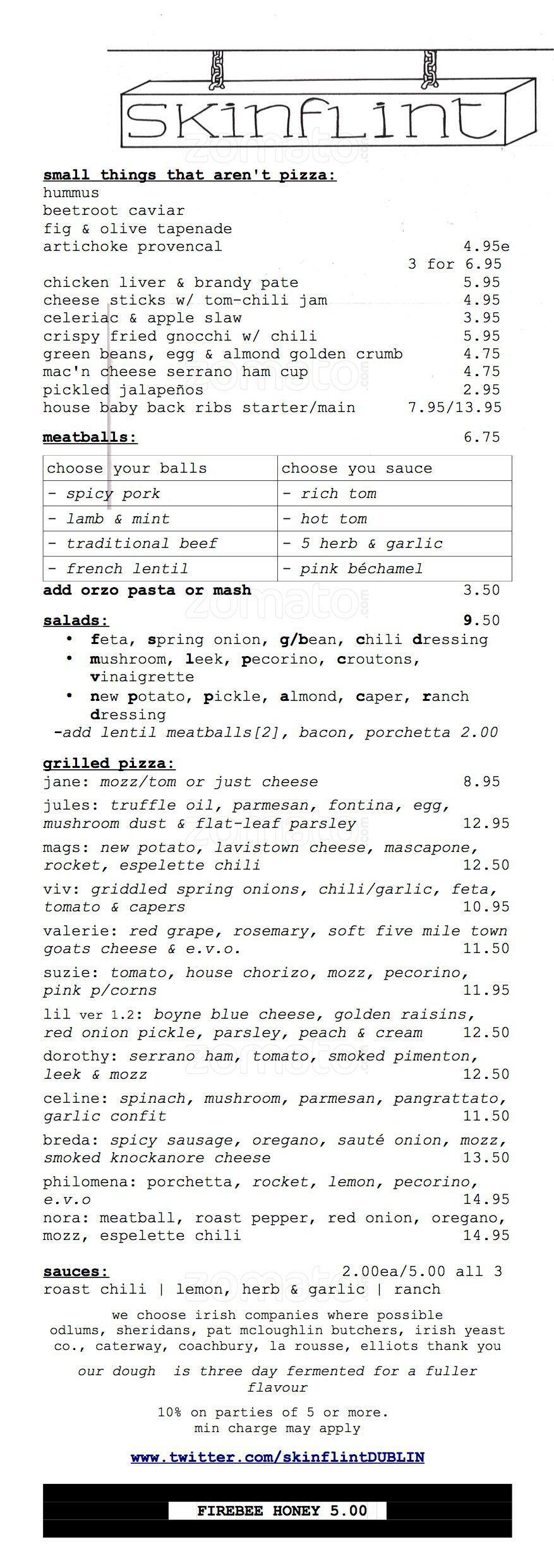 Menu at Skinflint on Dame Street pizzeria, Dublin