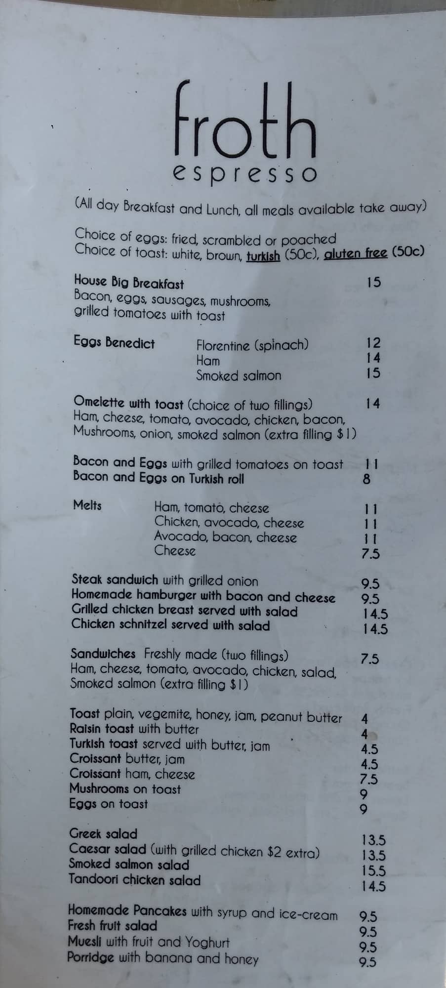 Menu at Froth Espresso restaurant, Potts Point