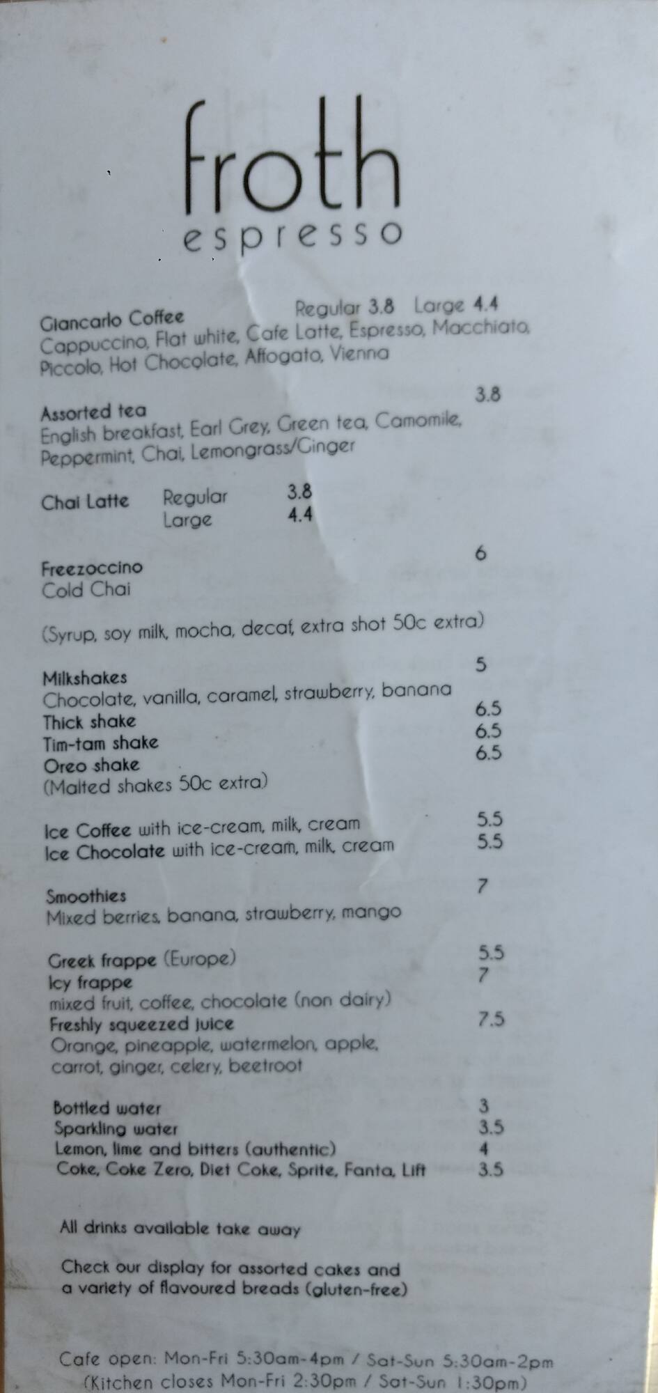 Menu at Froth Espresso restaurant, Potts Point