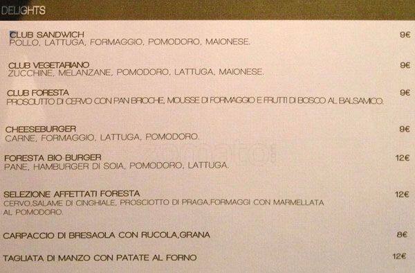 Menu da Foresta Woodbar, Milano