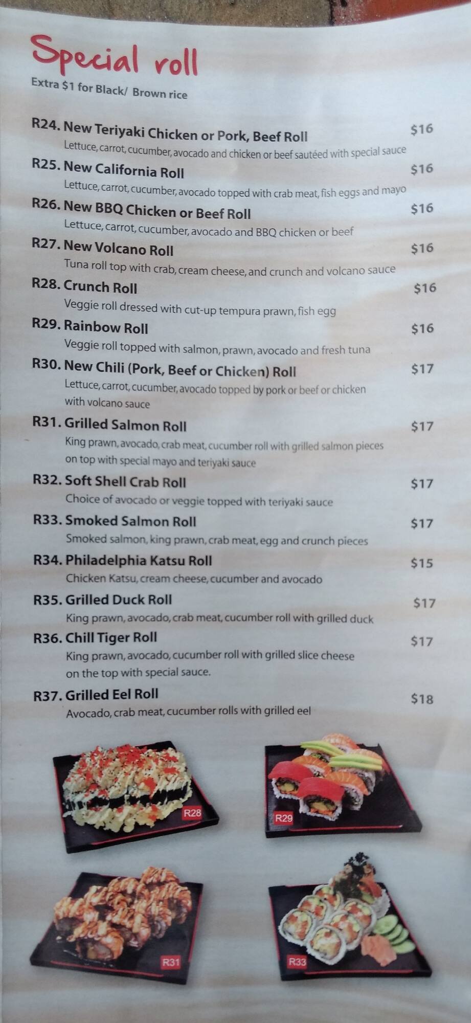 Menu at Moon's Sushi restaurant, Menai