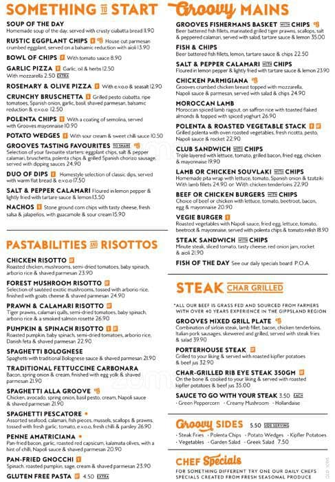 Menu at Groove Train restaurant, Brisbane City, 123 Eagle St