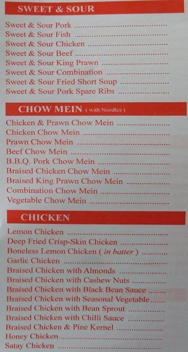 Menu at Sandgate Chinese Restaurant, Sandgate
