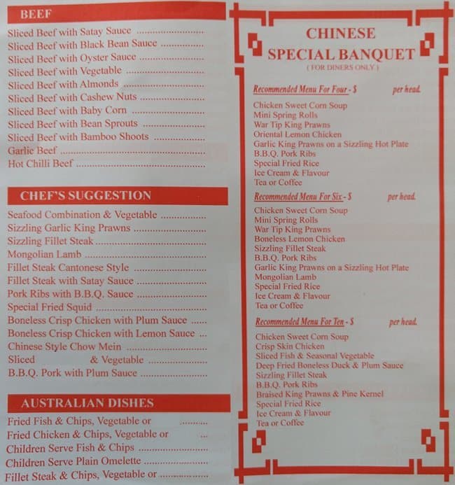 Menu at Sandgate Chinese Restaurant, Sandgate