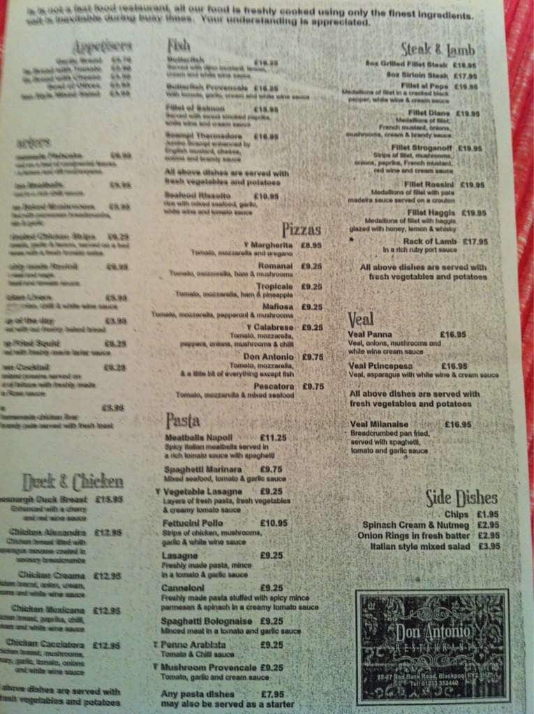 Menu at Don Antonio restaurant, Blackpool