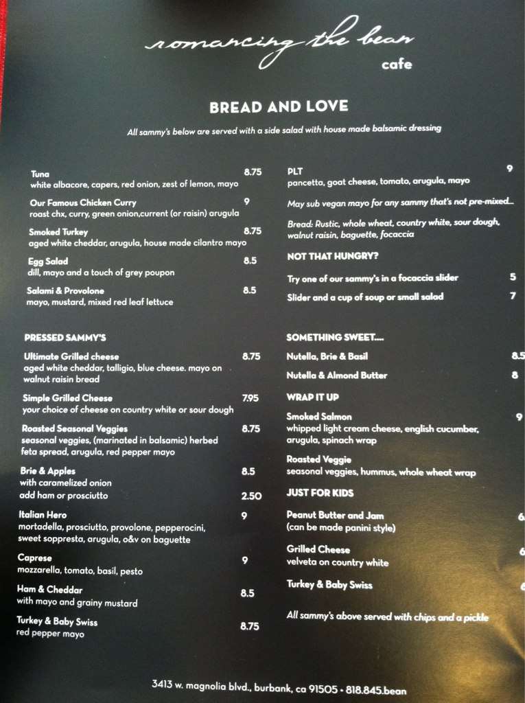Romancing the Bean Menu, Menu for Romancing the Bean, Burbank, Burbank ...