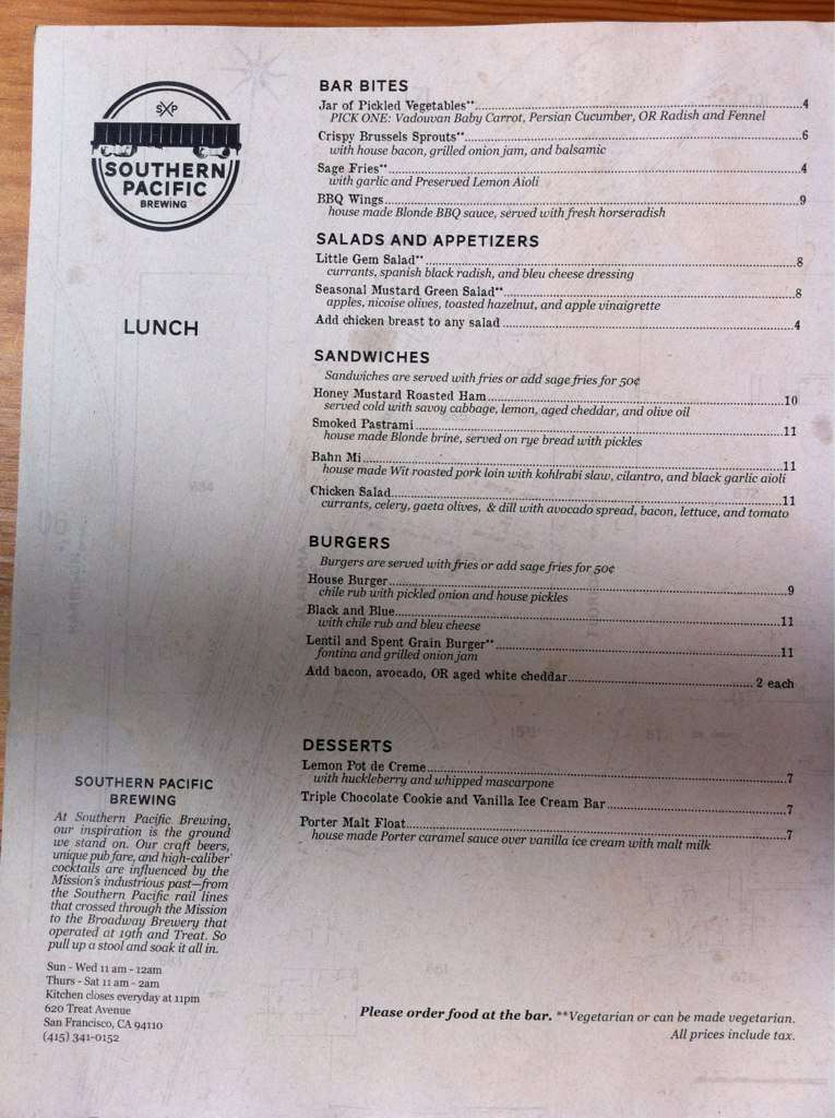 Menu at Southern Pacific Brewing pub & bar, San Francisco