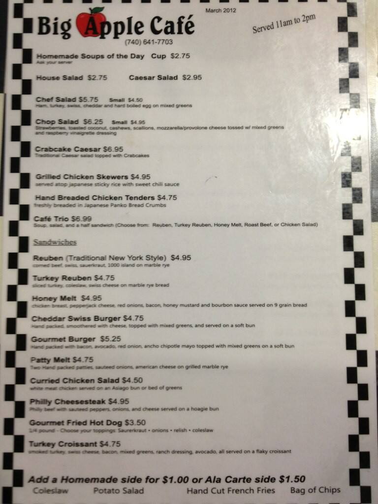 Menu at Big Apple cafe, Newark