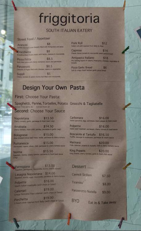 Menu at Friggitoria restaurant, Sydney