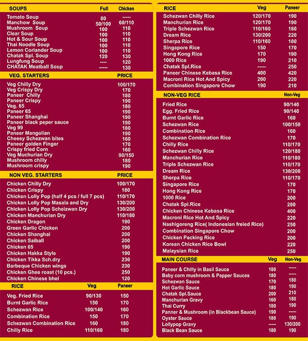Menu of Chatak Chinese Restaurant, Bhandup, Mumbai