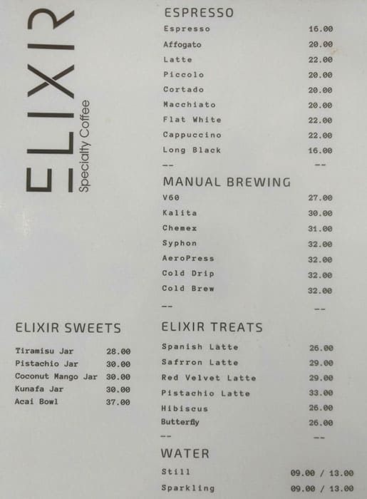 Menu at Elixir Specialty Coffee cafe, Abu Dhabi