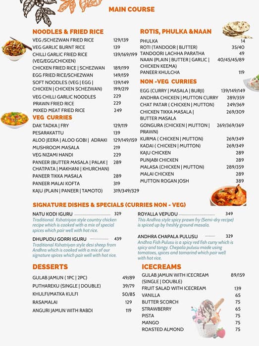 Menu of Hotel SSV Grand, Gachibowli, Hyderabad