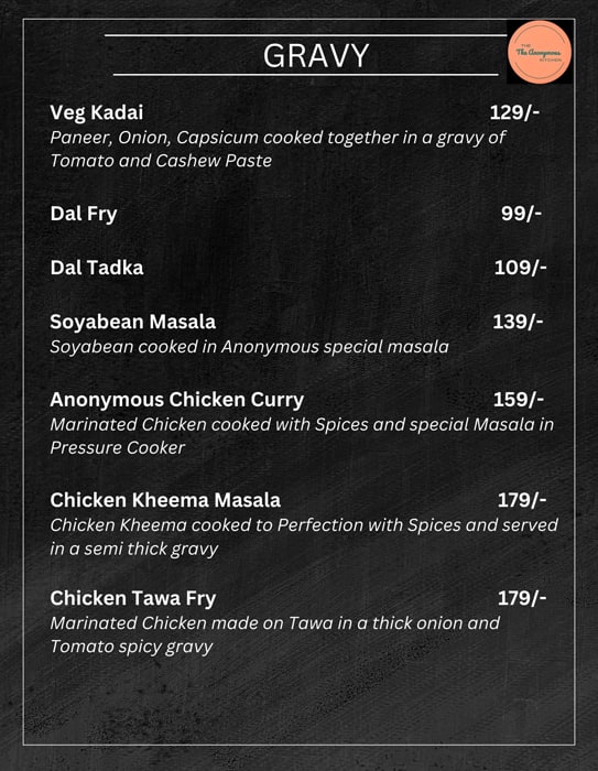 Menu of The Anonymous Kitchen, Thippasandra, Bangalore