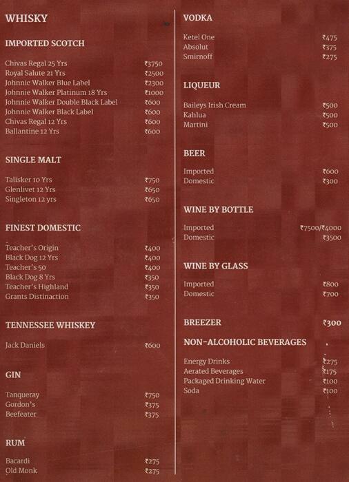 Menu of Upper Deck, Masab Tank, Hyderabad