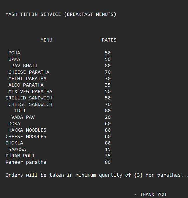 Menu of Yash Tiffin Services, Vile Parle West, Mumbai