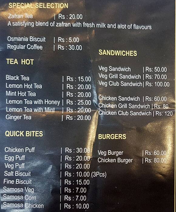 Menu of Tea Cafe Hot & Cold, Abids, Hyderabad