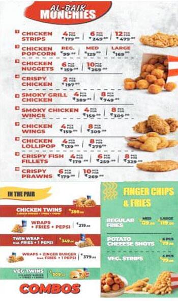 Menu of Al Baik, Kumaraswamy Layout, Bangalore