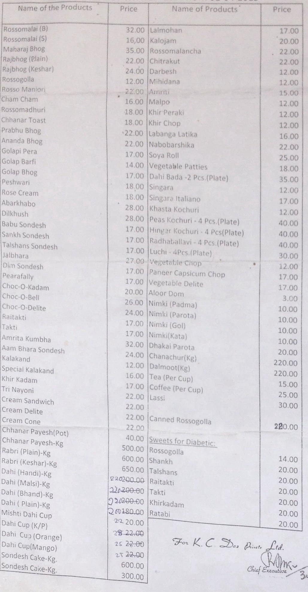 K.C. Das Menu, Menu for K.C. Das, Esplanade, Kolkata - Zomato