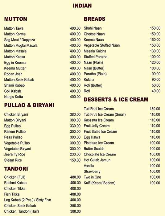 Menu at Ellora, Ranchi