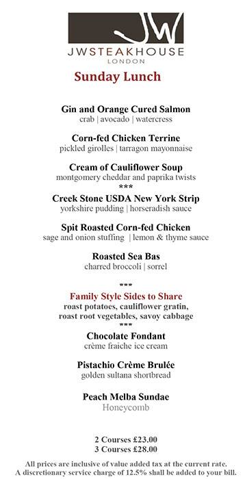 Menu at JW Steakhouse, London