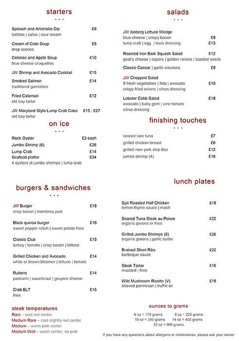 Menu at JW Steakhouse, London