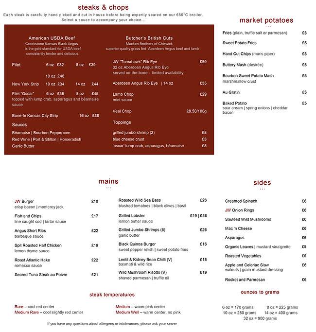 Menu at JW Steakhouse, London