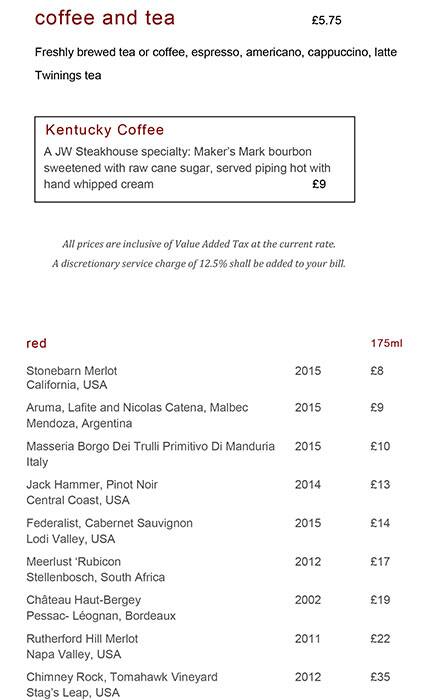 Menu at JW Steakhouse, London