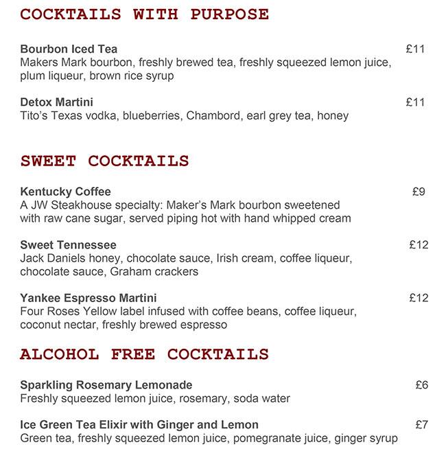 Menu at JW Steakhouse, London