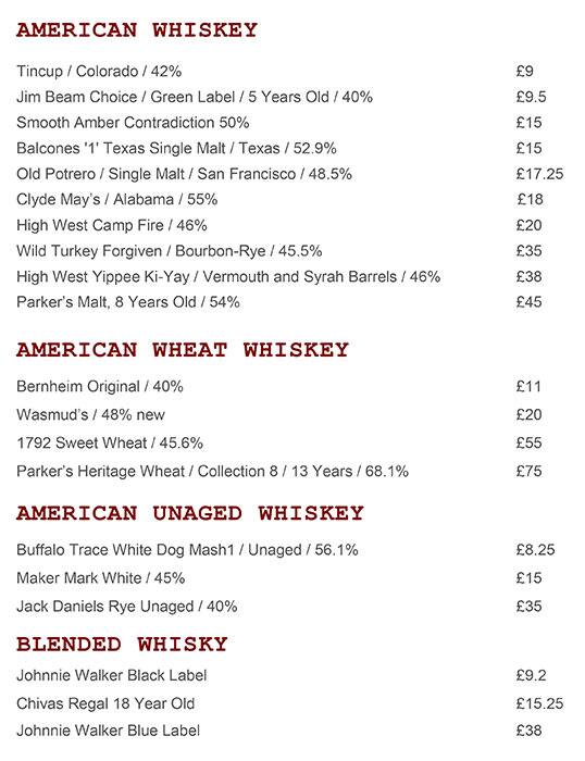 Menu at JW Steakhouse, London