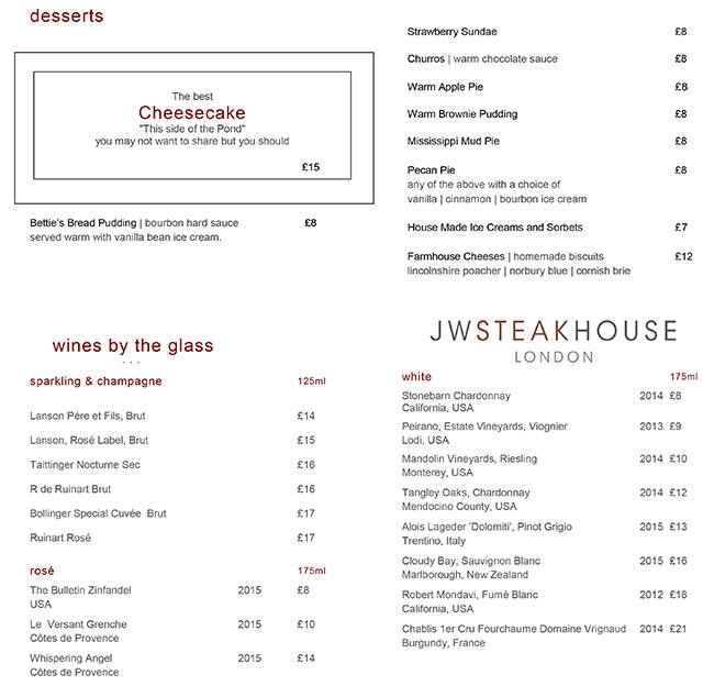 Menu at JW Steakhouse, London