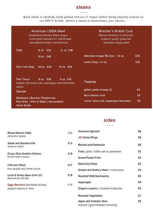 Menu at JW Steakhouse, London