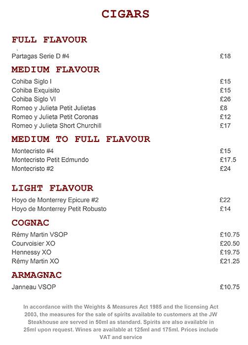 Menu at JW Steakhouse, London