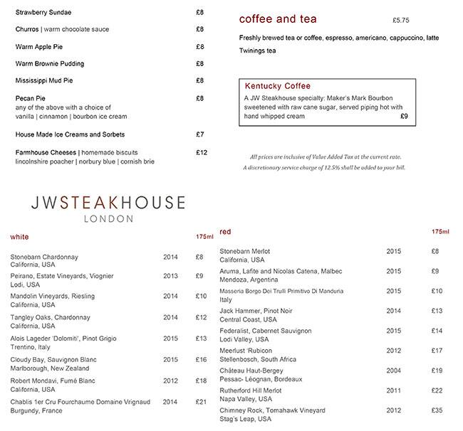 Menu at JW Steakhouse, London