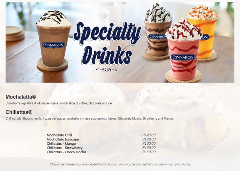 Menu at Cinnabon Robinsons Galleria restaurant, Pasig, Robinsons Galleria