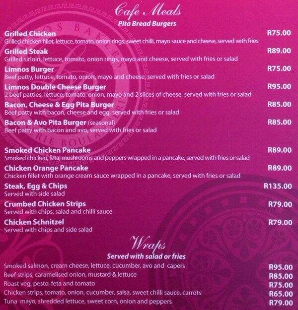 Menu at Limnos Bakers Cape Gate cafe, Cape Town, 0A Okavango Rd