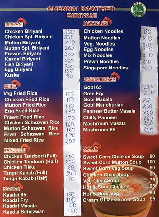 Menu at Chennai Rawther Briyani Hotel, Chennai