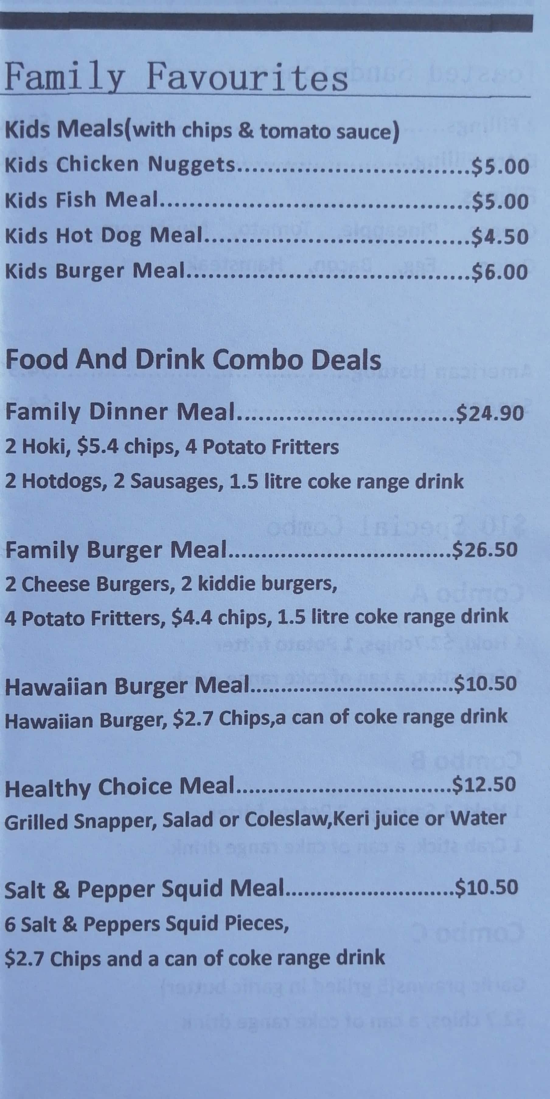 Menu at Kippers Takeaways fast food, Orewa