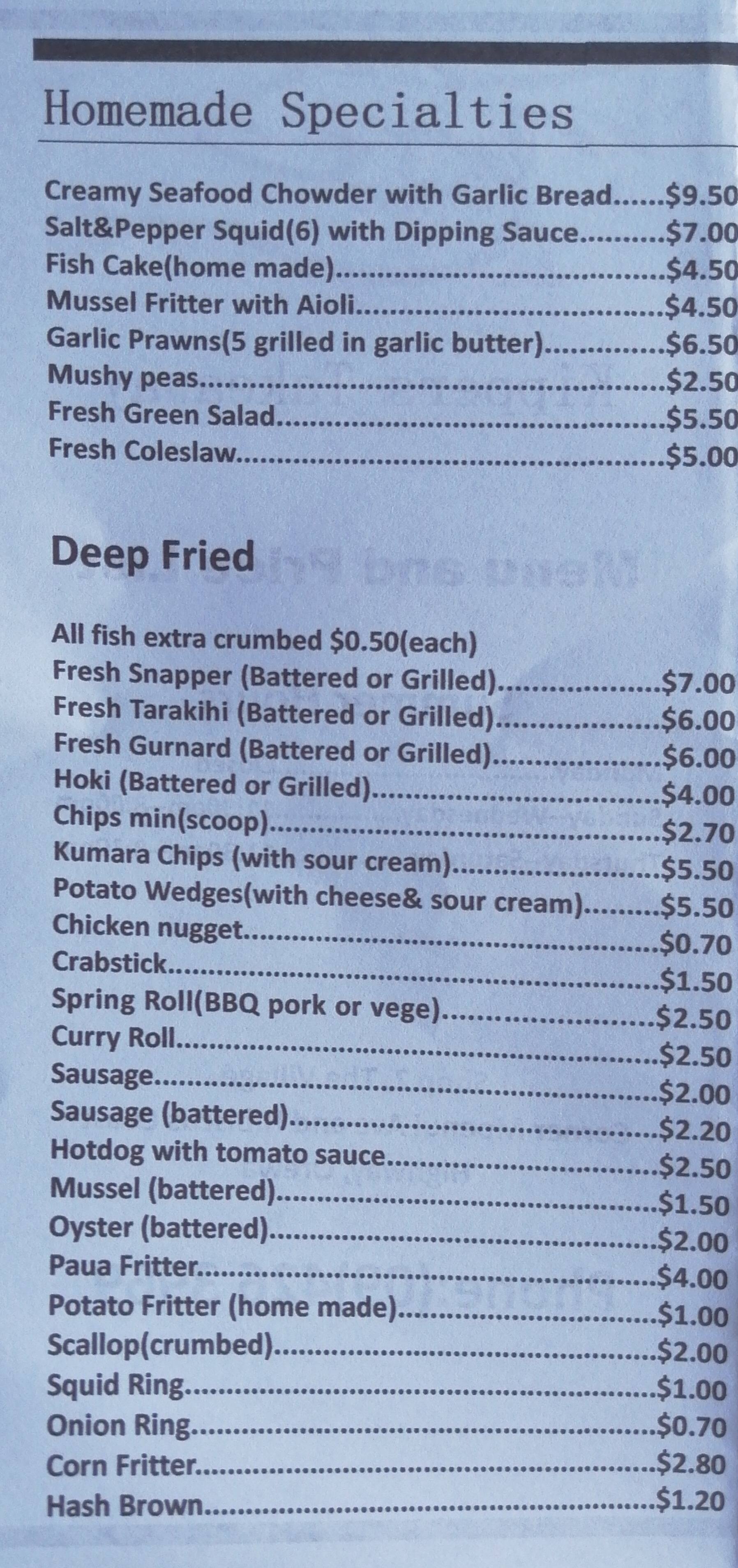 Menu at Kippers Takeaways fast food, Orewa