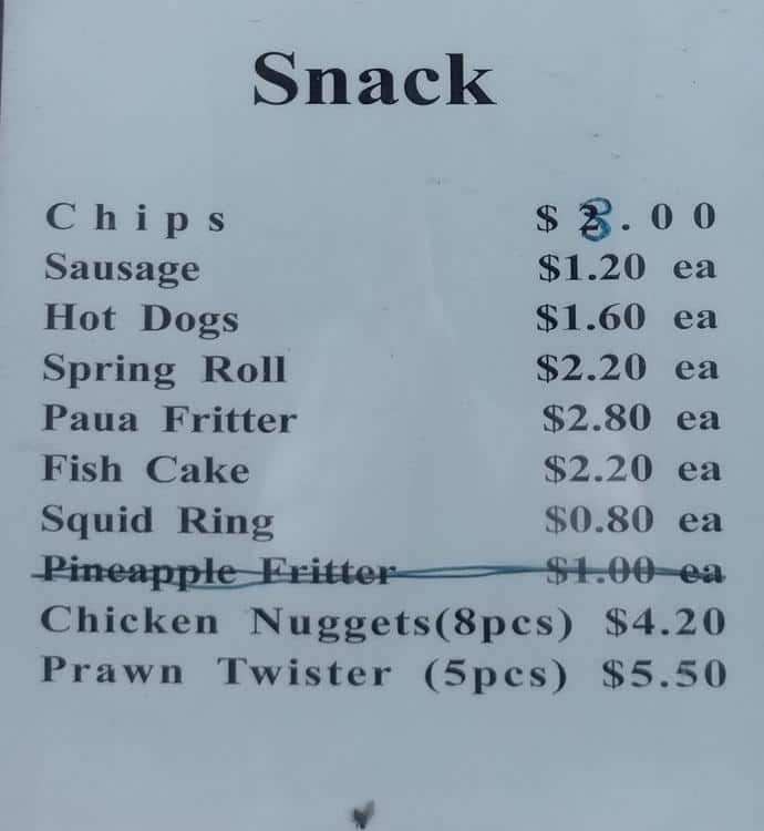 Menu at JR's Onehunga Seafoods restaurant, Auckland