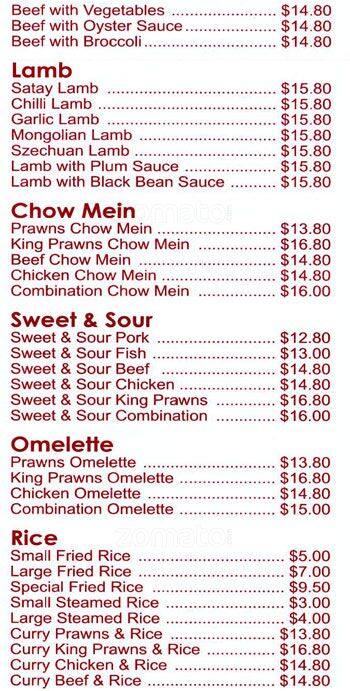 Menu at The Pearl restaurant, Kogarah