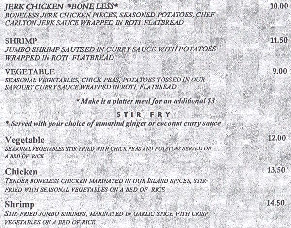 Menu at Island Grill restaurant, Ottawa, 324 Bank St