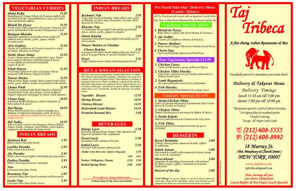 Taj Tribeca Menu, Menu for Taj Tribeca, Financial District, New York ...