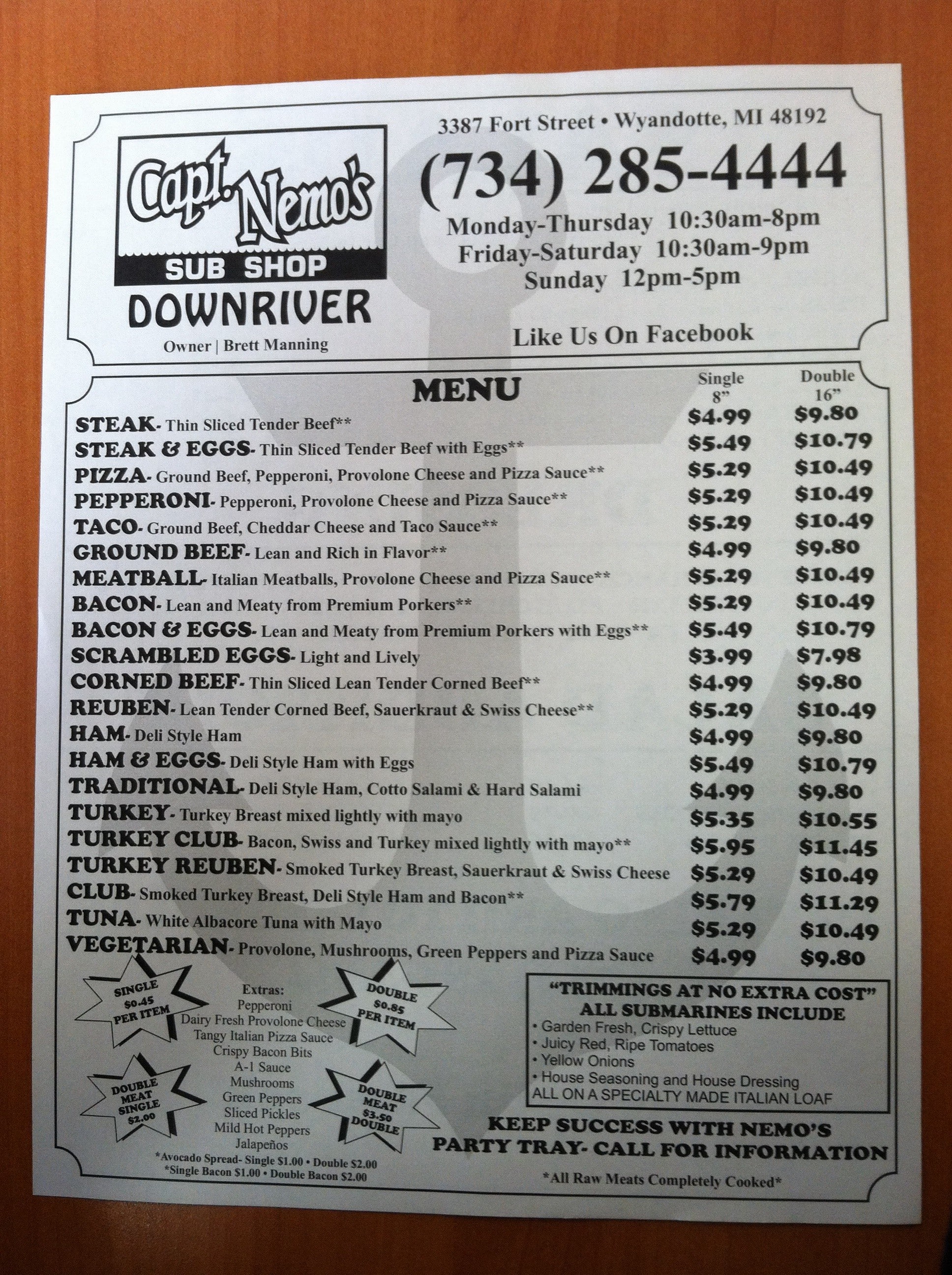 Menu at Capt. Nemo's Sub Shop, Wyandotte