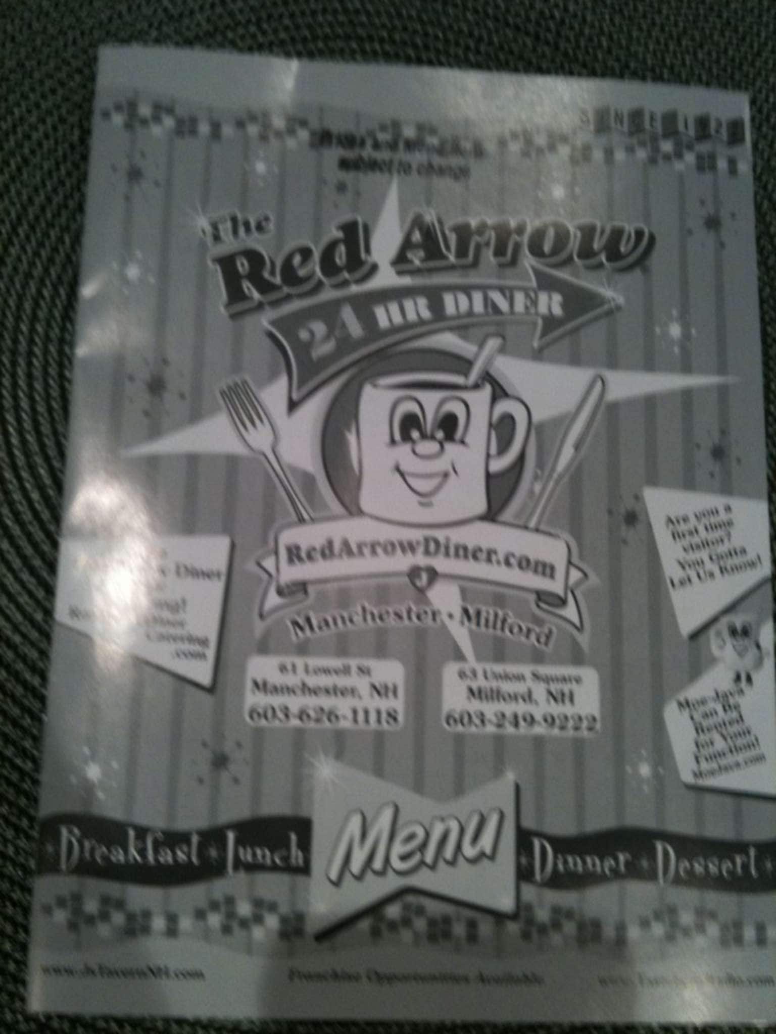 Menu at Red Arrow Diner cafe, Manchester, 61 Lowell St