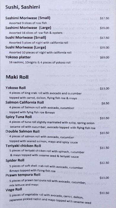 Menu at Yokoso Izakaya restaurant, Northcote