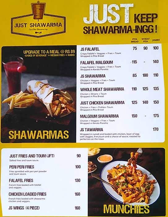 Menu of Just Shawarma, Rajarajeshwari Nagar, Bangalore