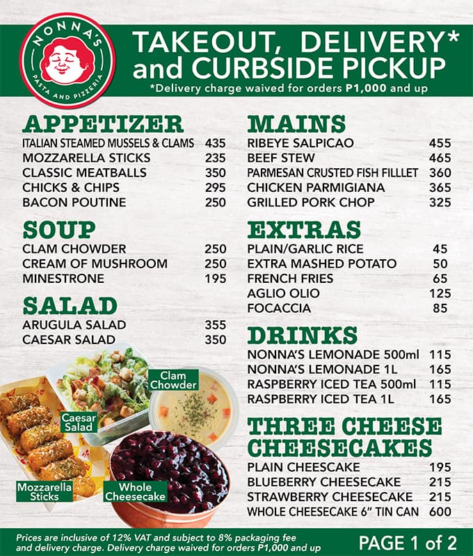 Menu at Nonna's Pasta & Pizzeria, Santa Rosa